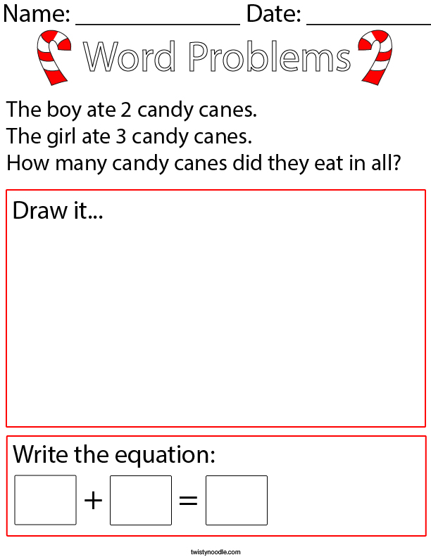 Candy Cane Addition Word Problem- Kindergarten Math Worksheet - Twisty Noodle